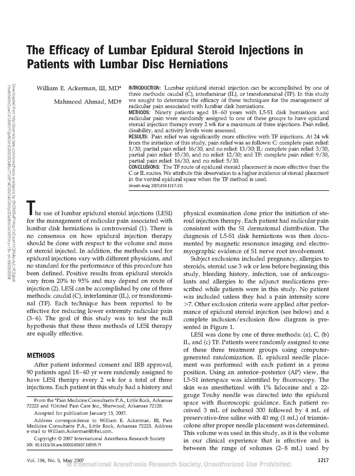 Lumbar Interlaminar Epidural Steroid Injection - WikiAnesthesia